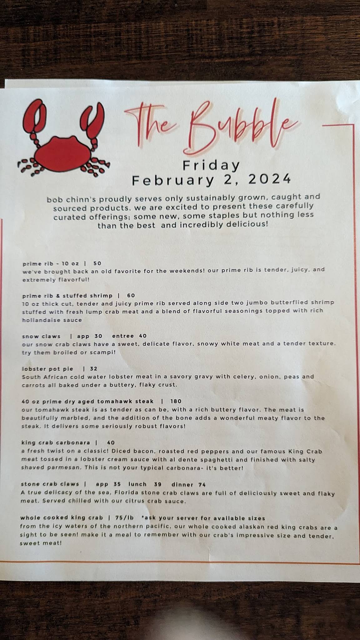 Menu at Bob Chinn's Crab House steakhouse, Wheeling