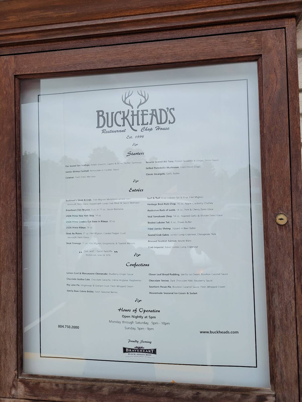 Menu at Buckhead's steakhouse, Richmond