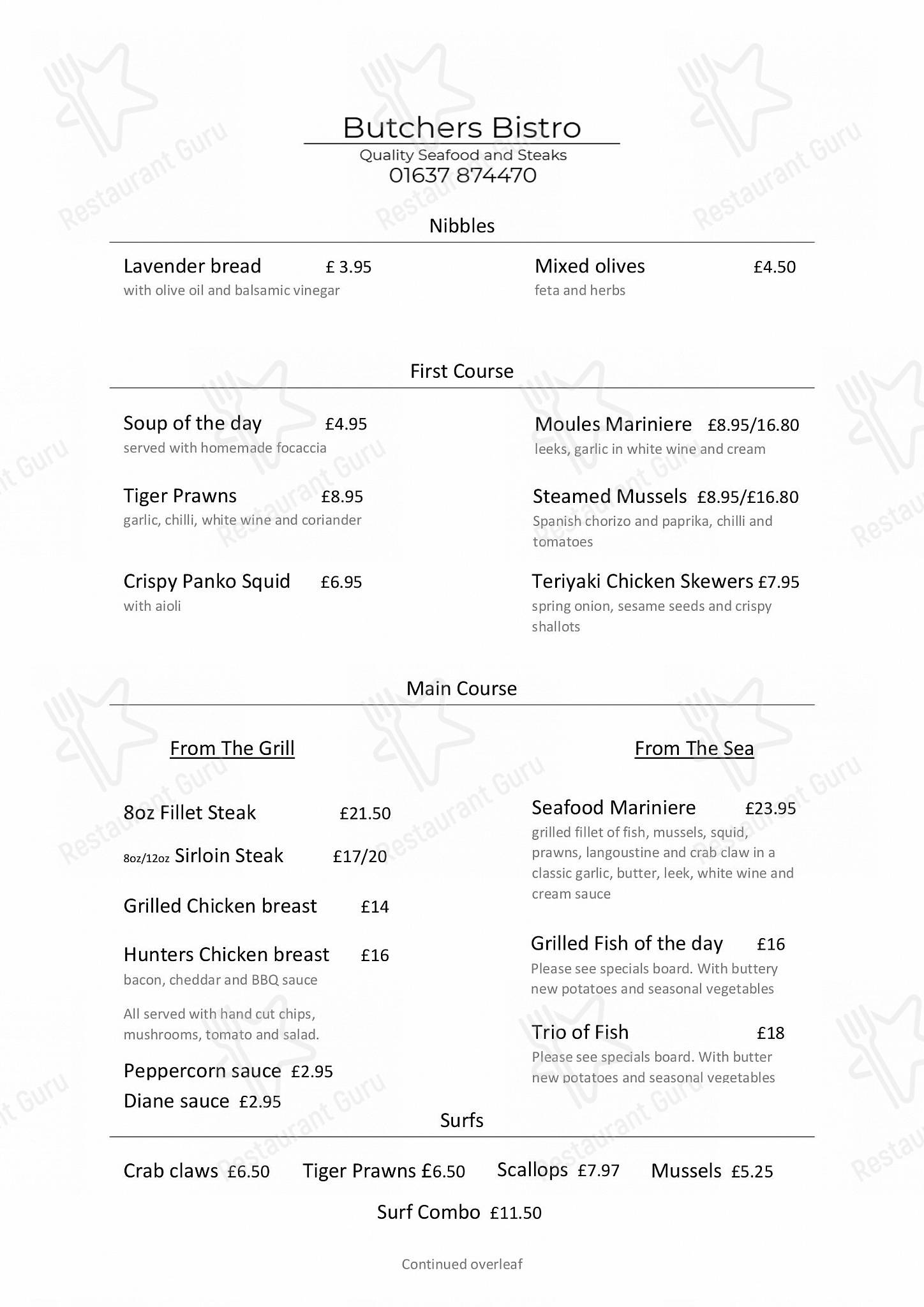 Menu at Butchers Bistro steakhouse, Newquay
