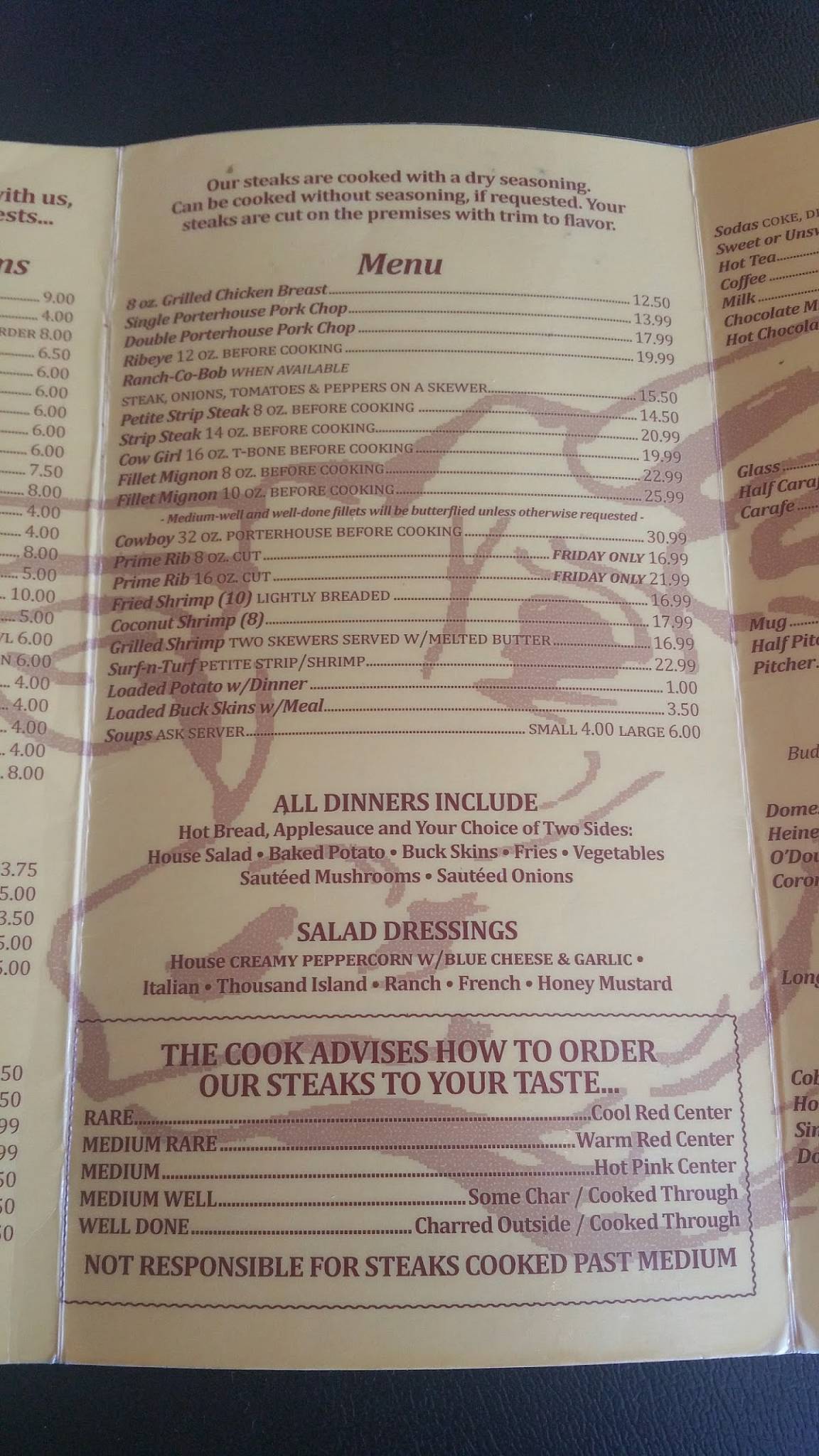 Menu at Cattle Ranch steakhouse, Sanford, Sanford Ave