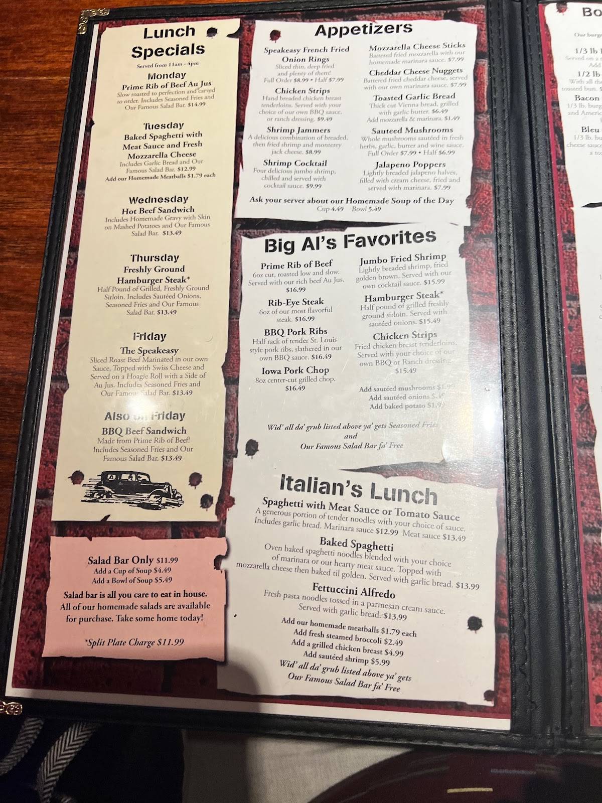 Menu at Chicago Speakeasy steakhouse, Des Moines