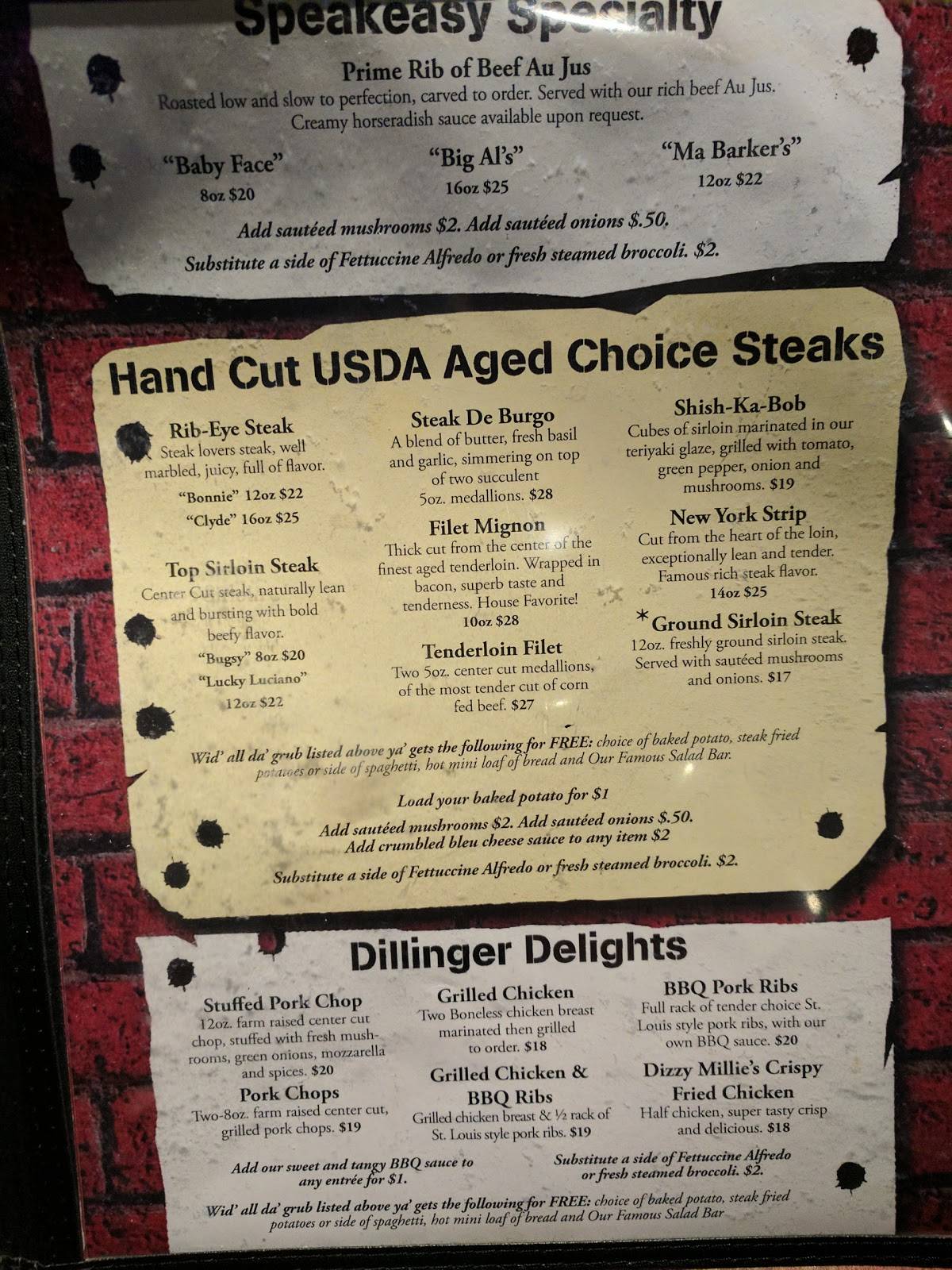 Menu at Chicago Speakeasy steakhouse, Des Moines