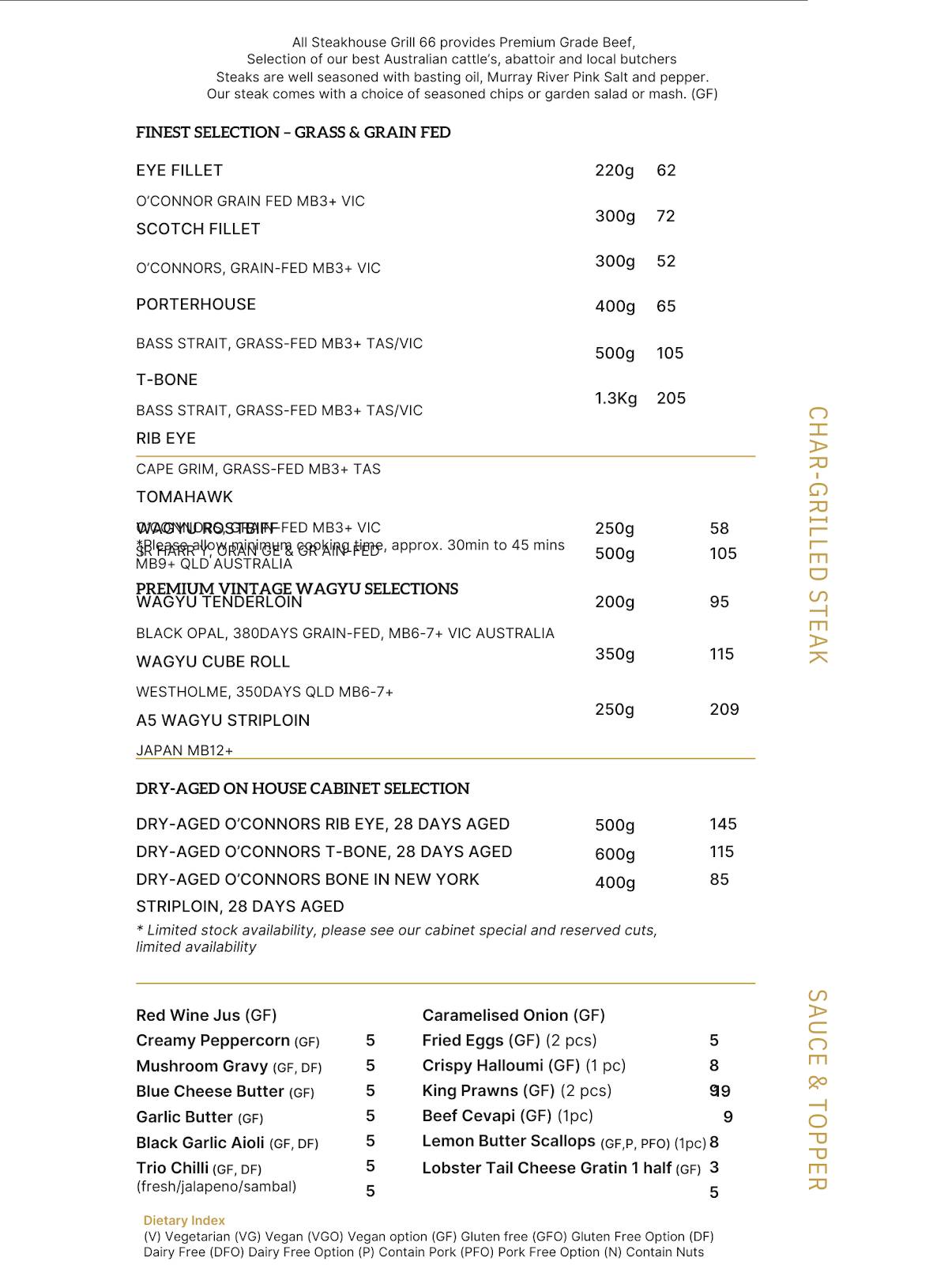 Menu at Steakhouse Grill 66 CBD, Melbourne
