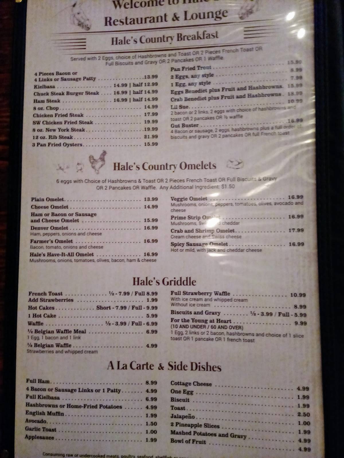 Menu at Hale's Tavern steakhouse, Hermiston
