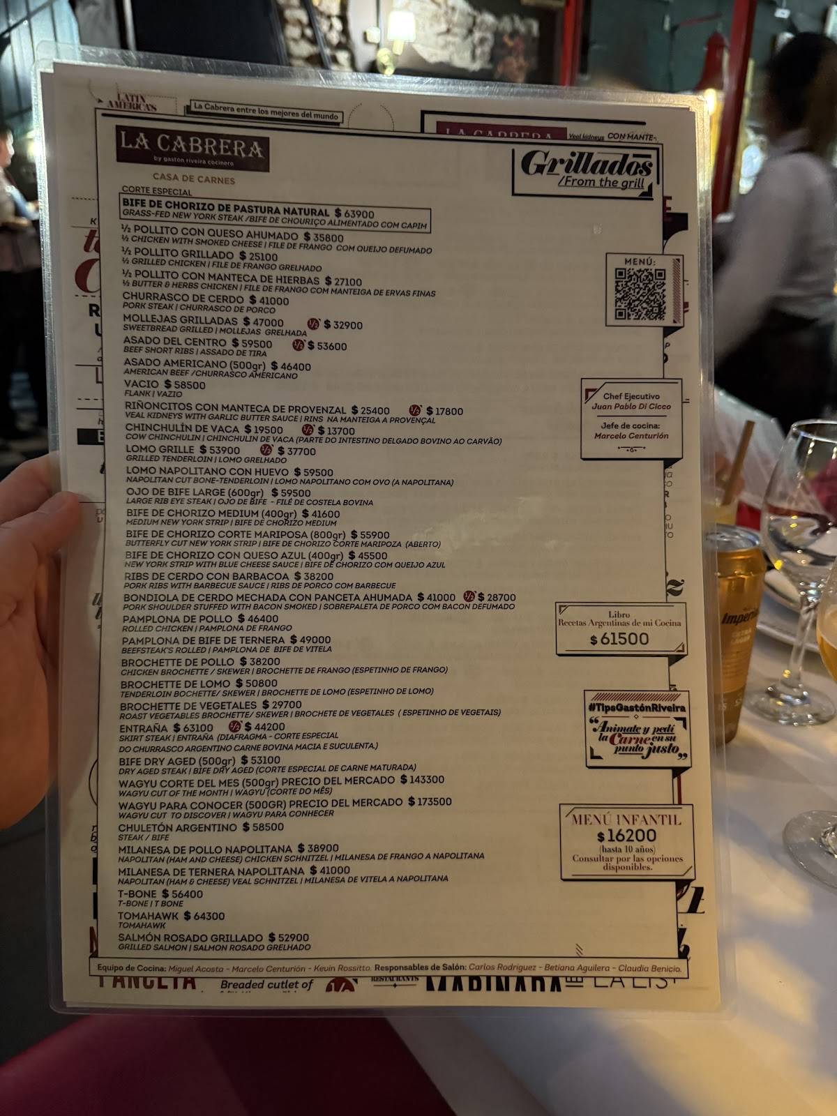 Menu at La Cabrera steakhouse, Buenos Aires, José A. Cabrera 5127