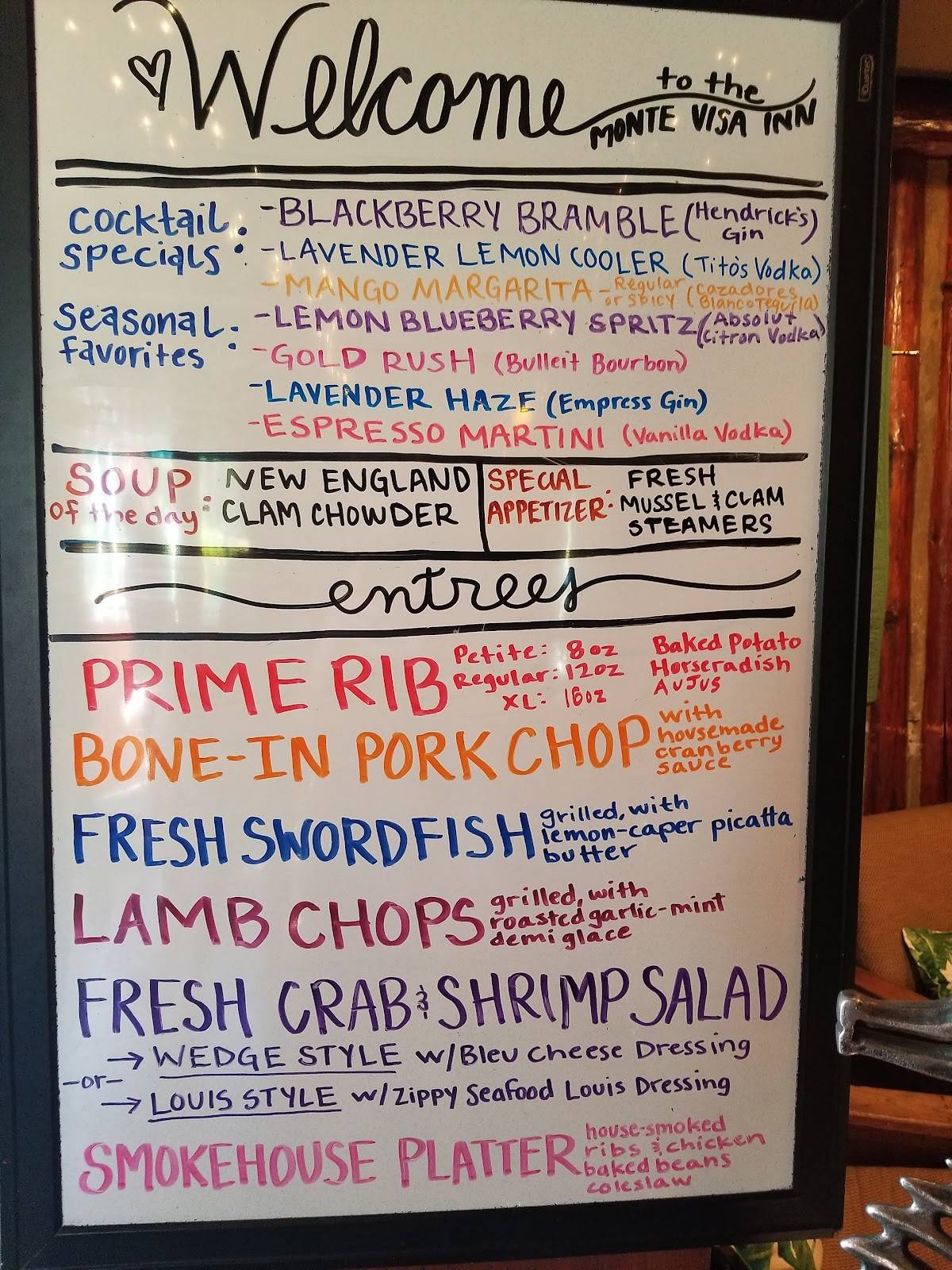 Menu at Monte Vista Inn steakhouse, Dutch Flat