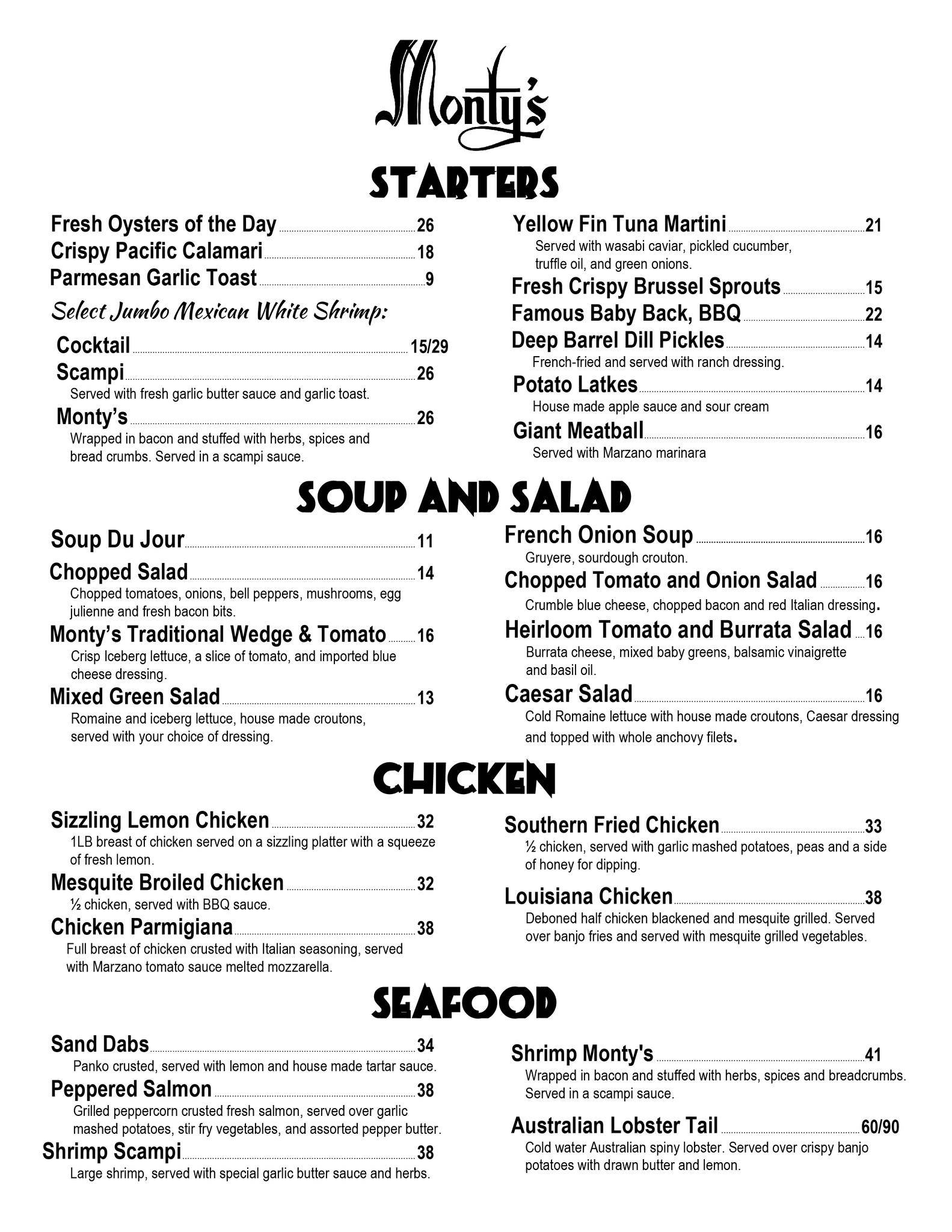 Menu at Monty's Steakhouse, Los Angeles