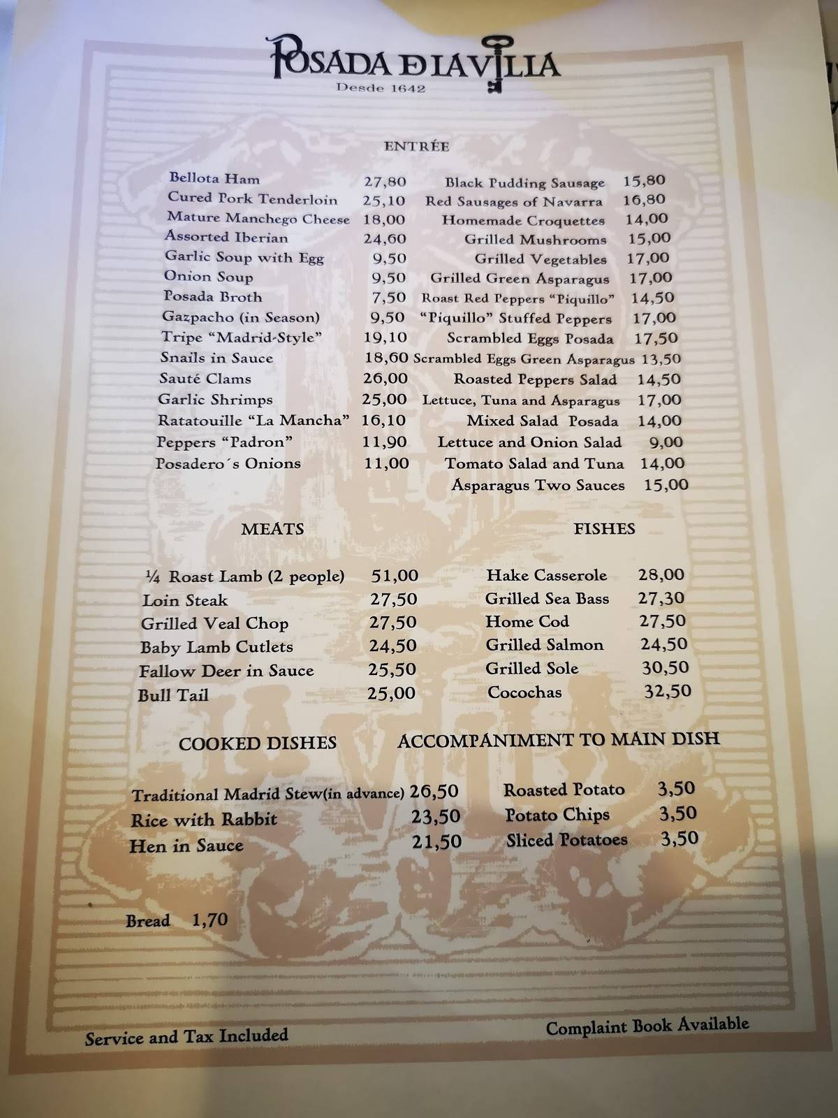 Menu at Posada de la Villa steakhouse, Madrid