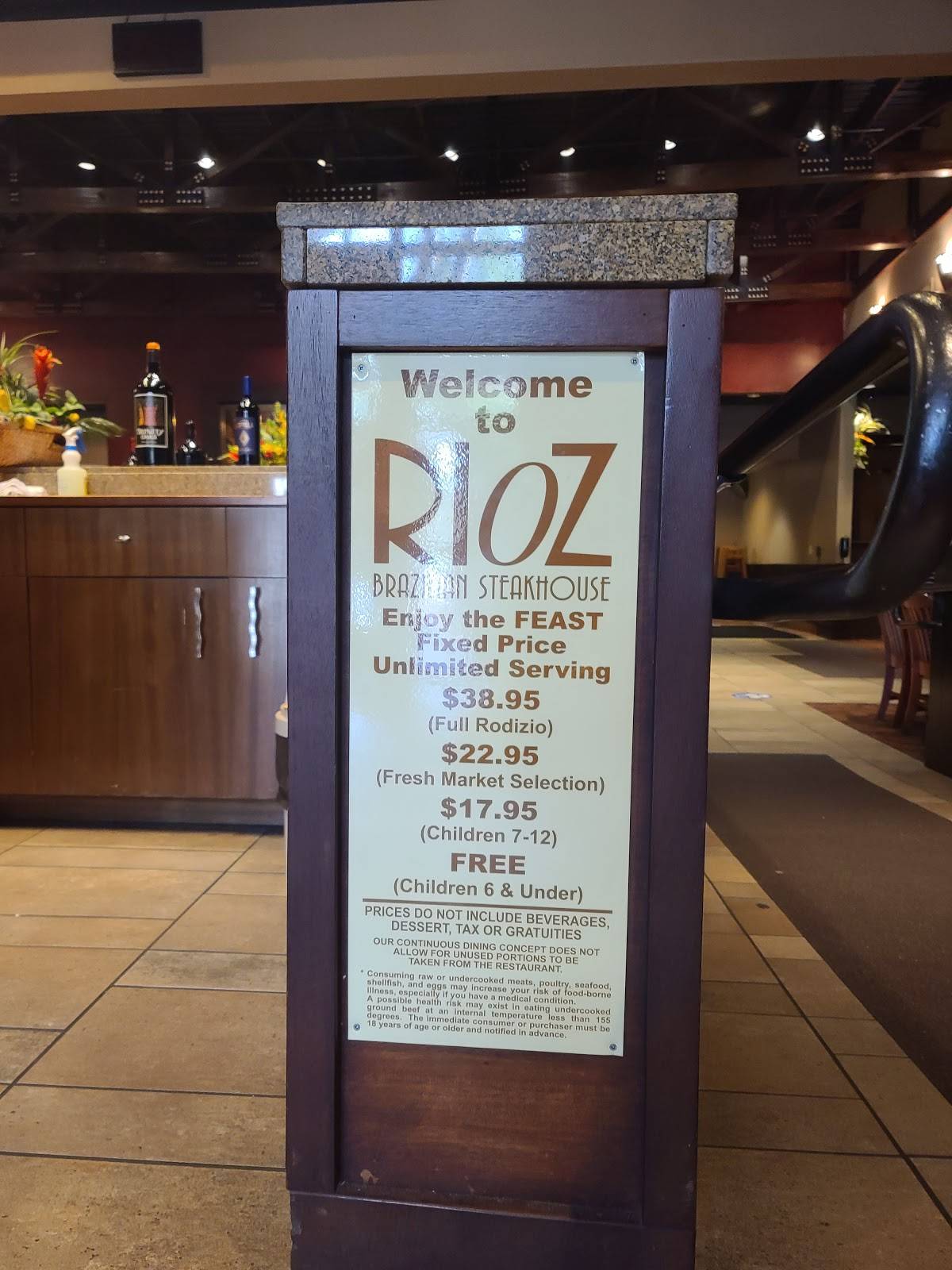 Menu at Rioz Brazilian Steakhouse, Myrtle Beach