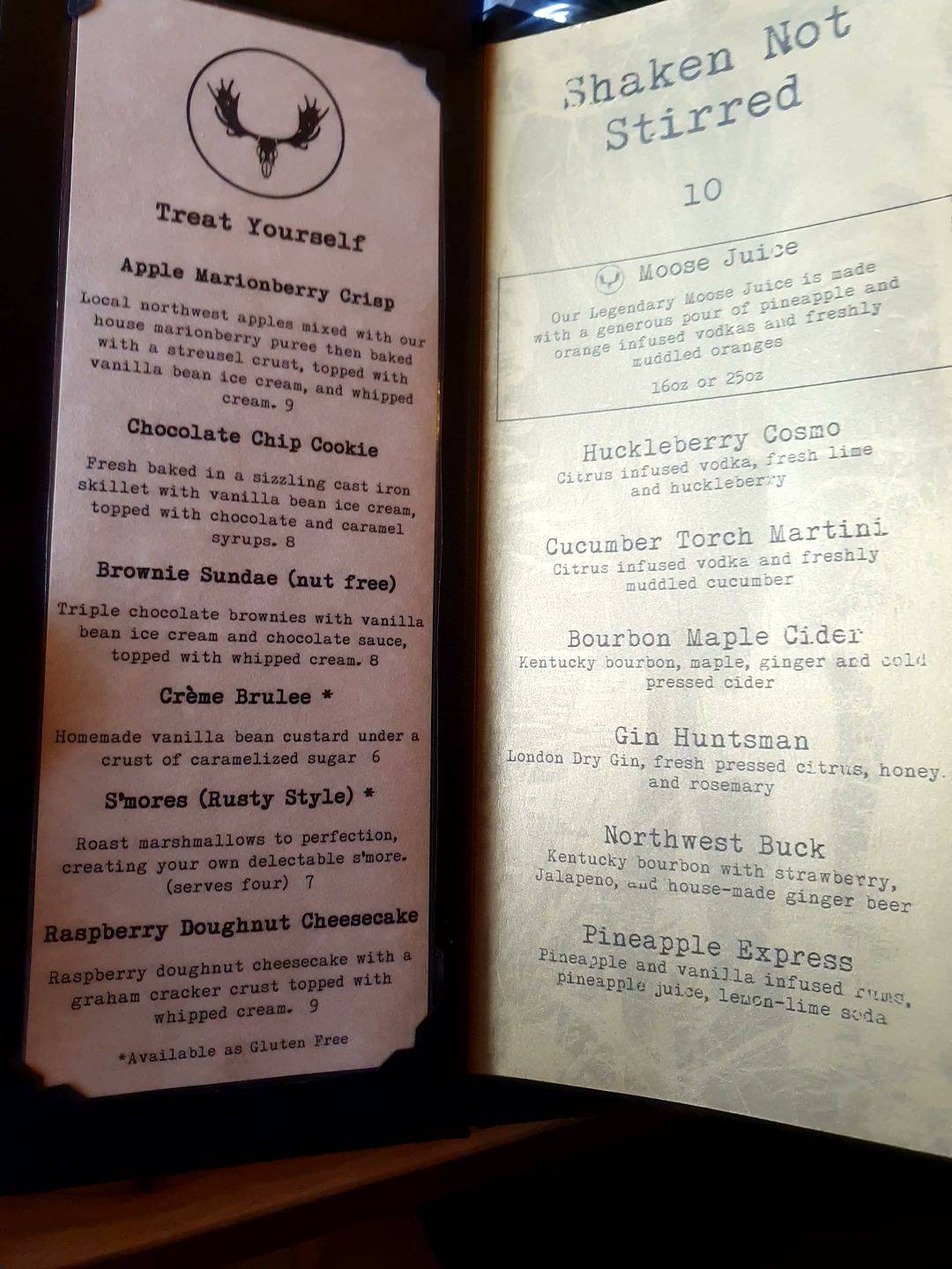 Menu at Rusty Moose steakhouse, Spokane, 9105 US-2