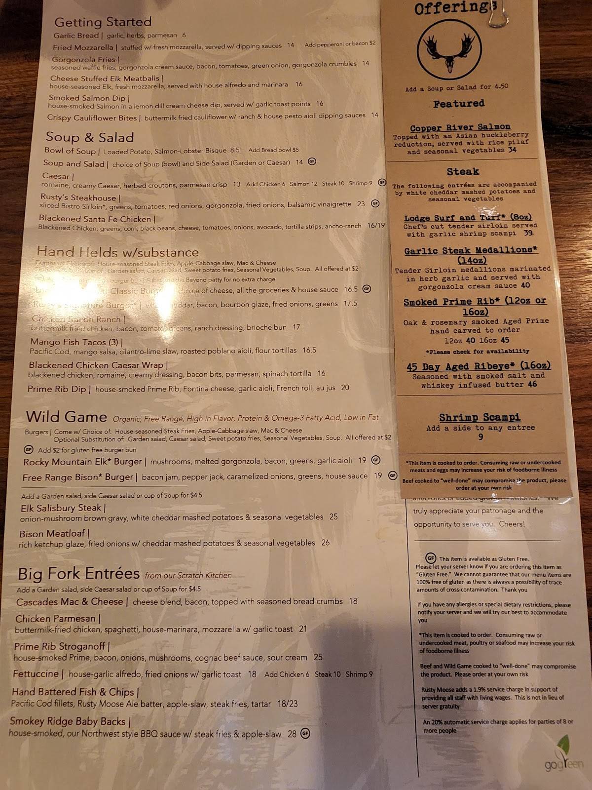 Menu at Rusty Moose steakhouse, Spokane, 9105 US-2