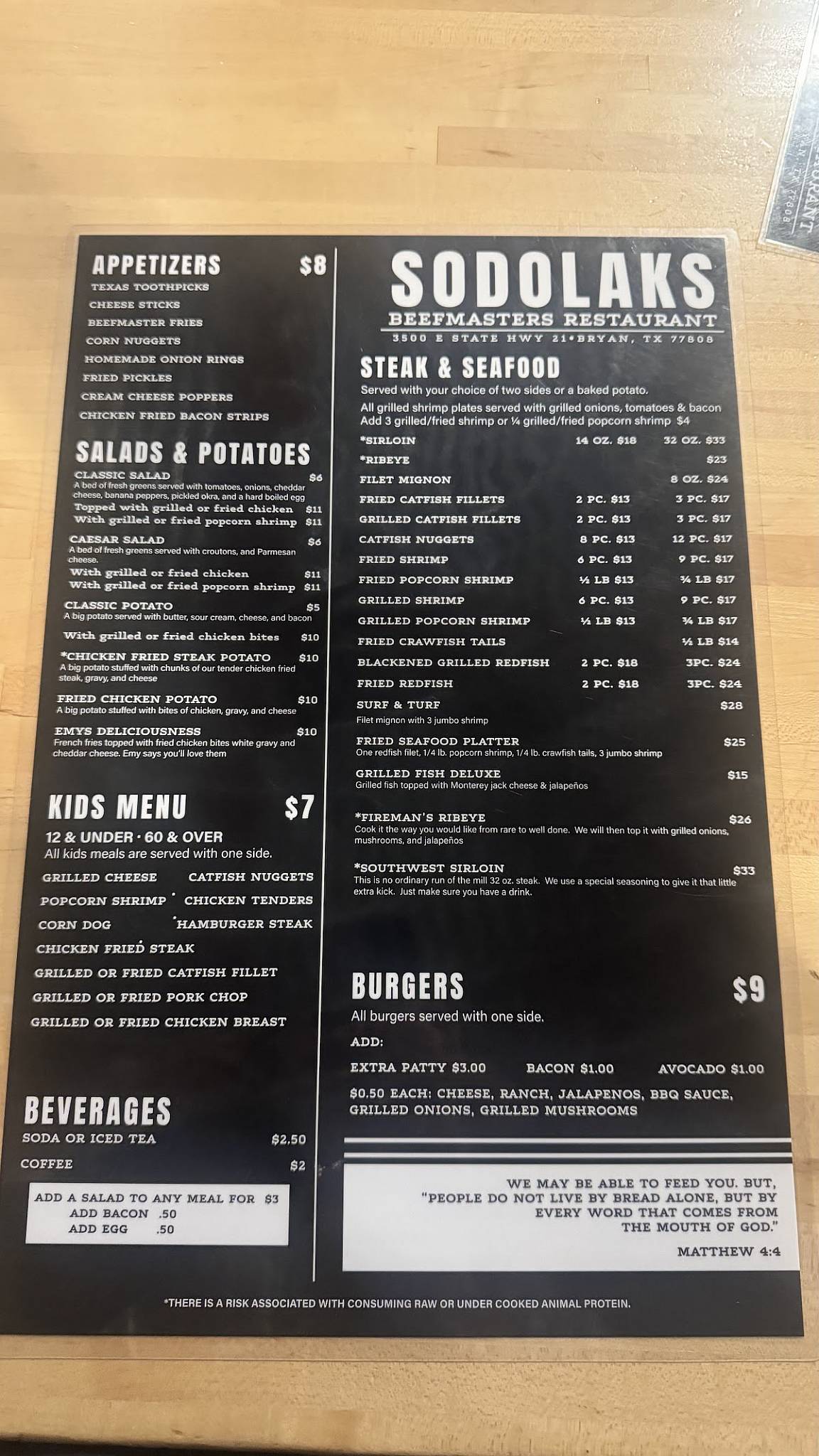 Menu at Sodolaks Beefmasters Restaurant, Bryan