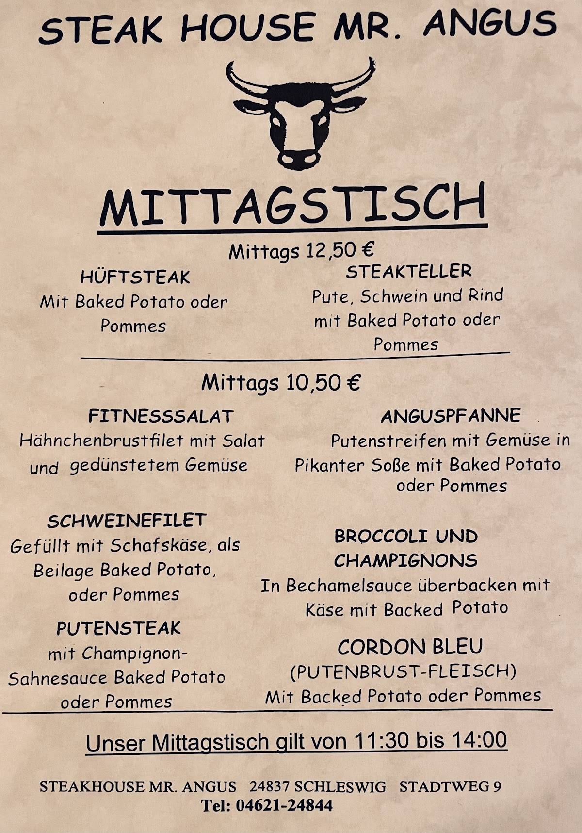 Speisekarte von Steak House Mr. Angus steakhaus, Schleswig