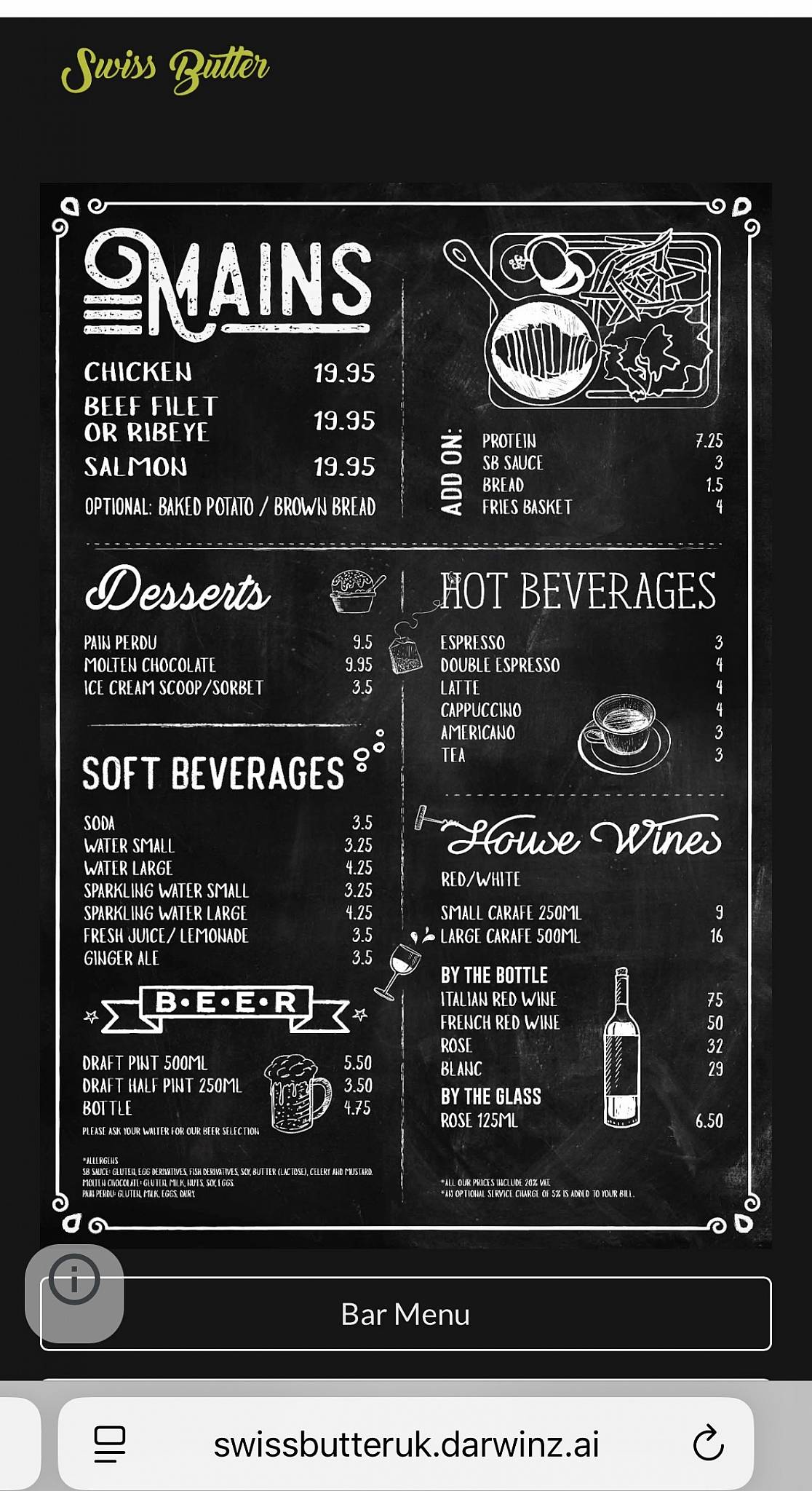 Menu at Swiss Butter steakhouse, London