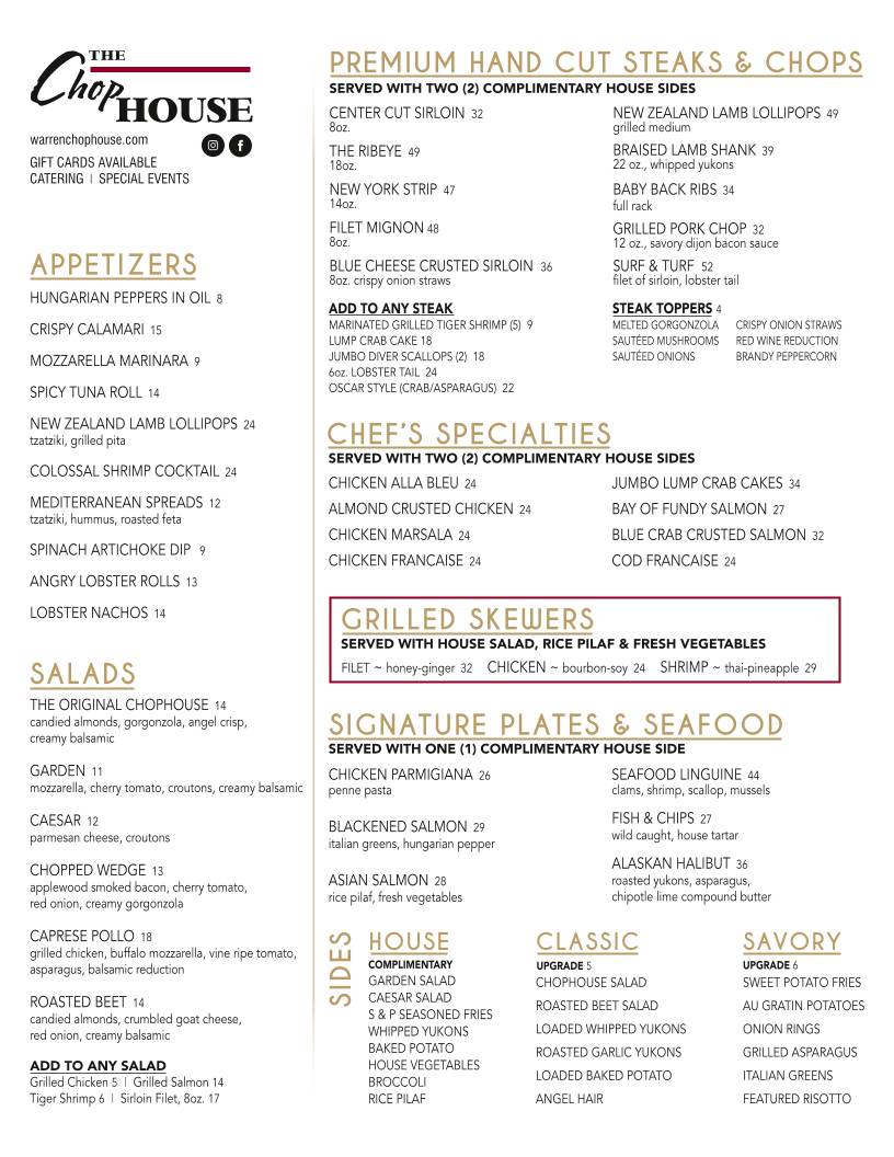 Menu at The Chophouse steakhouse, Warren