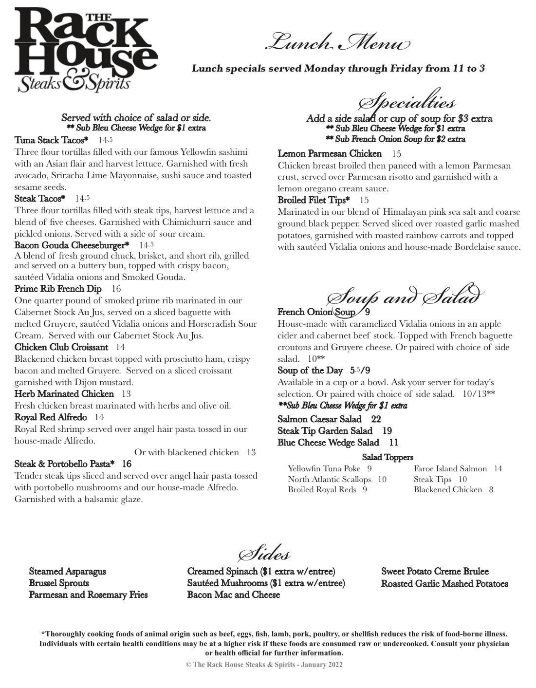 Menu at The Rack House Steak & Spirits steakhouse, Gulfport