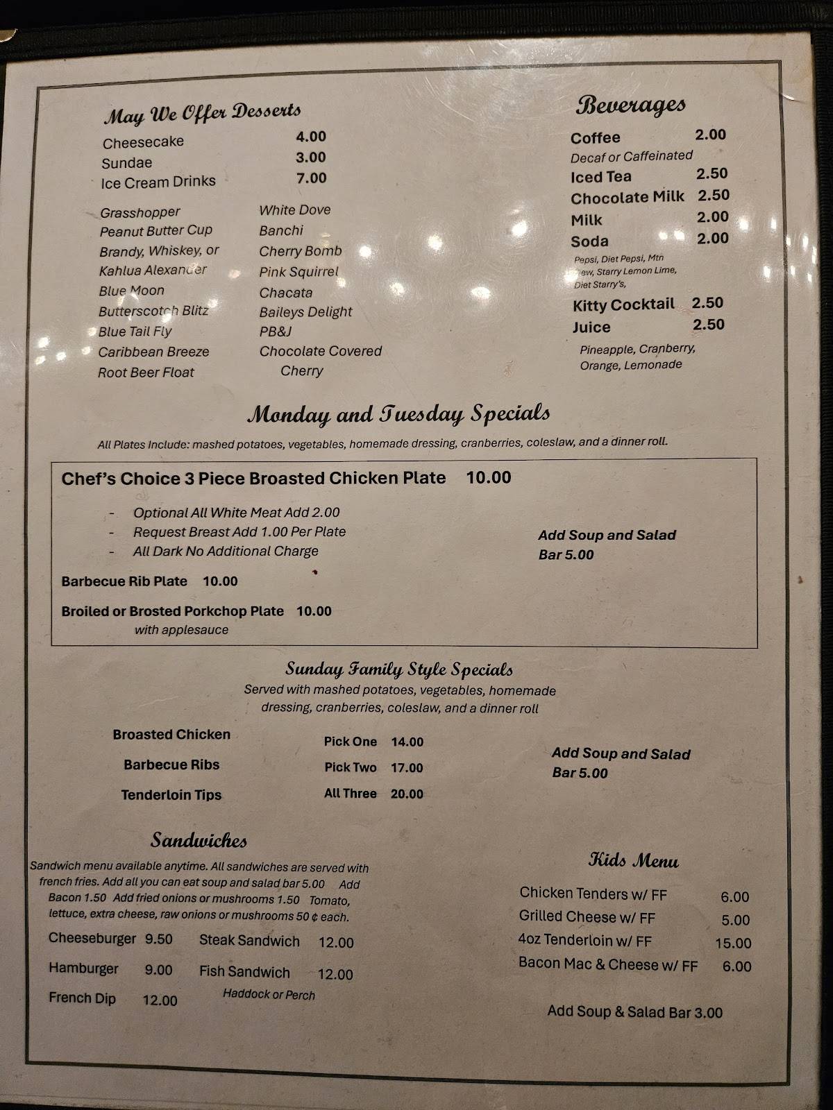 Menu at Washington Inn Supper Club, Cecil