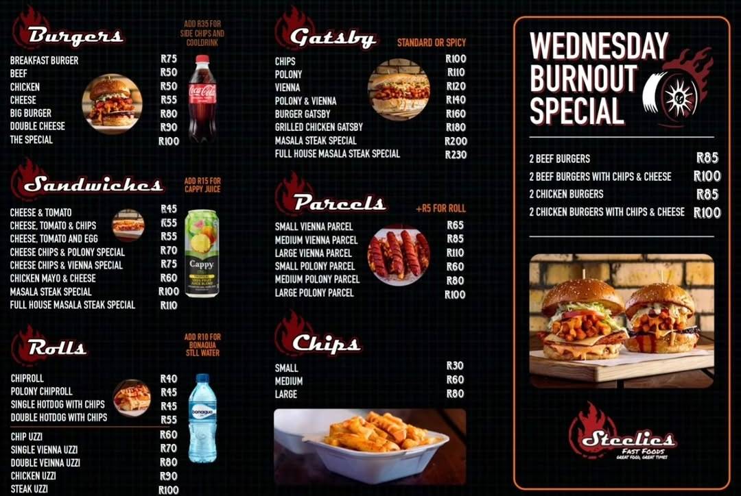 Menu at Steelies Fast Foods Canal Walk, Cape Town, Canal walk shopping ...