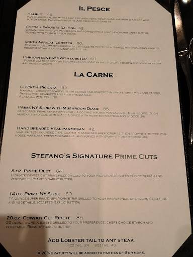 Menu at Stefano's restaurant, Morgantown