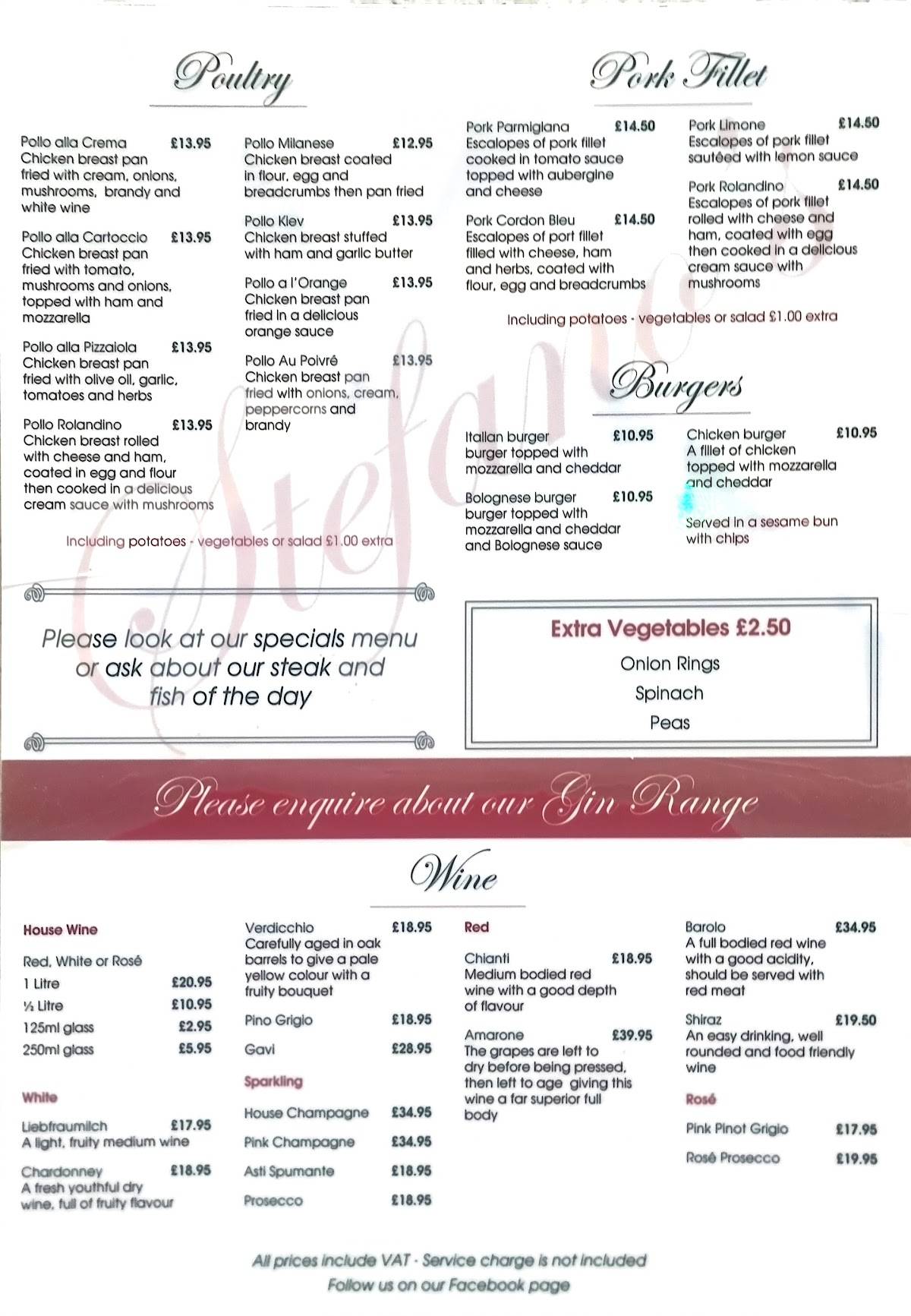 Menu at Stefano's restaurant, Keighley