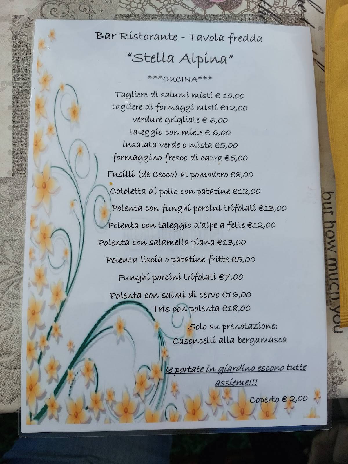 Menu da Stella Alpina ristorante, Cremeno, Culmine San Pietro 500 metri ...