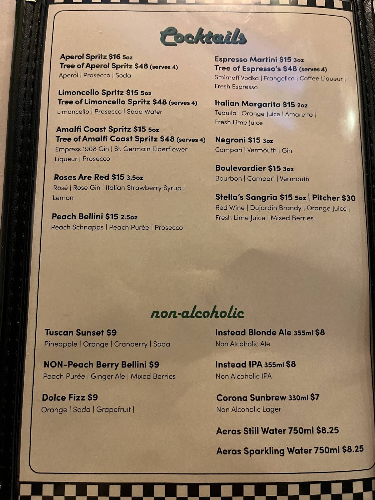 Menu at Stella's Kitchen restaurant, Toronto