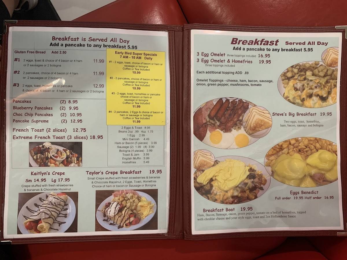 Menu at Steve's Diner restaurant, Riverview