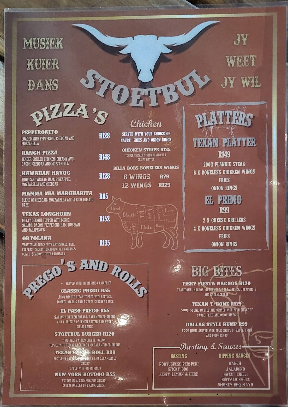 Menu at Stoetbul Parkview club, Pretoria