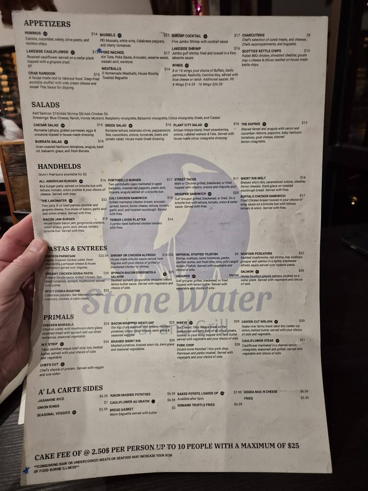 Menu at Stonewater Grill pub & bar, Land O' Lakes