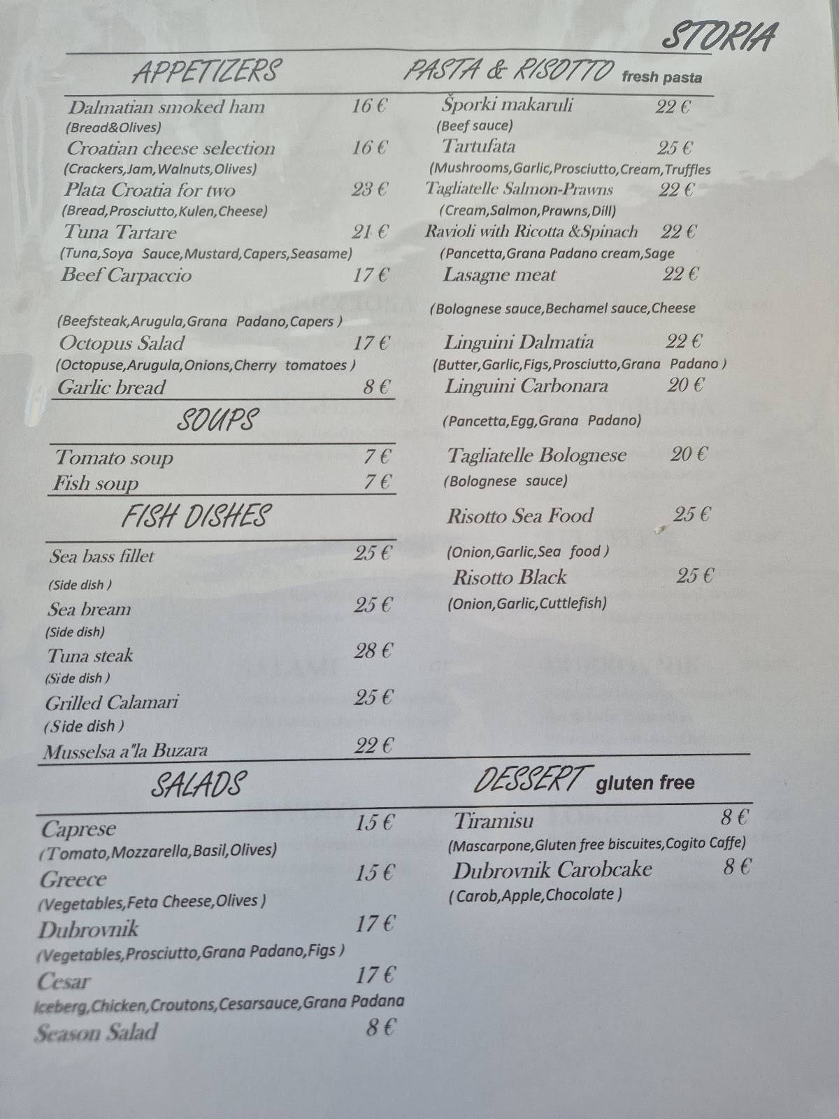 Menu at Restaurant Trattoria Storia, Dubrovnik
