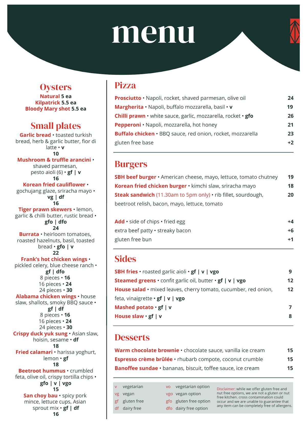 Menu at Story Bridge Hotel restaurant, Kangaroo Point