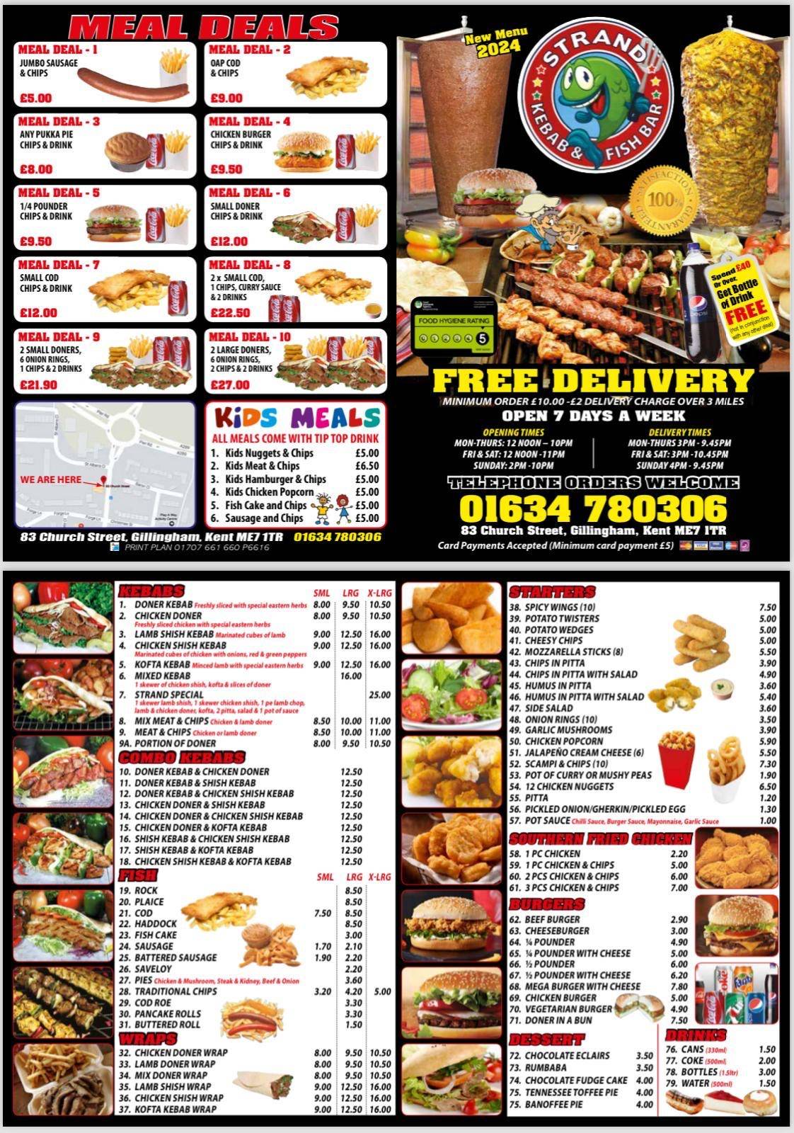 Menu at Strand Kebab & Fish Bar, Gillingham