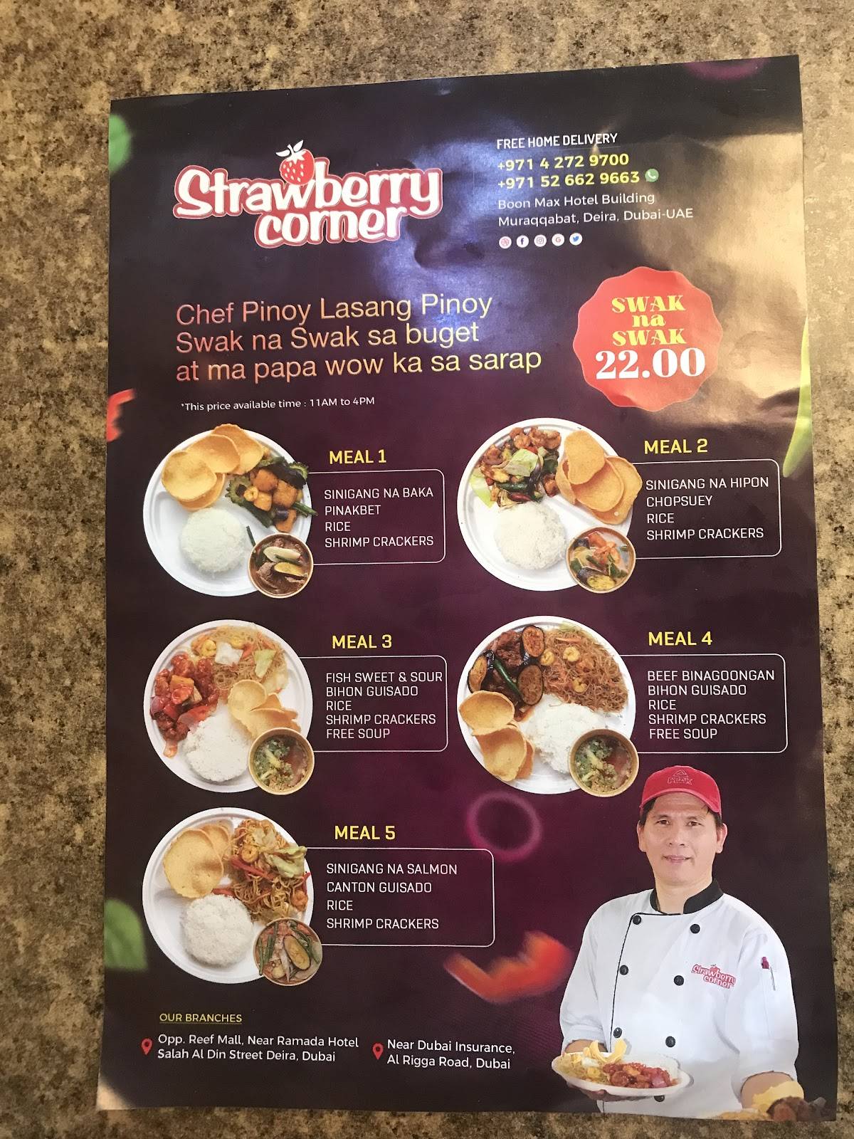 Carta del café Strawberry Corner, Dubai, 5 Al Muraqqabat St