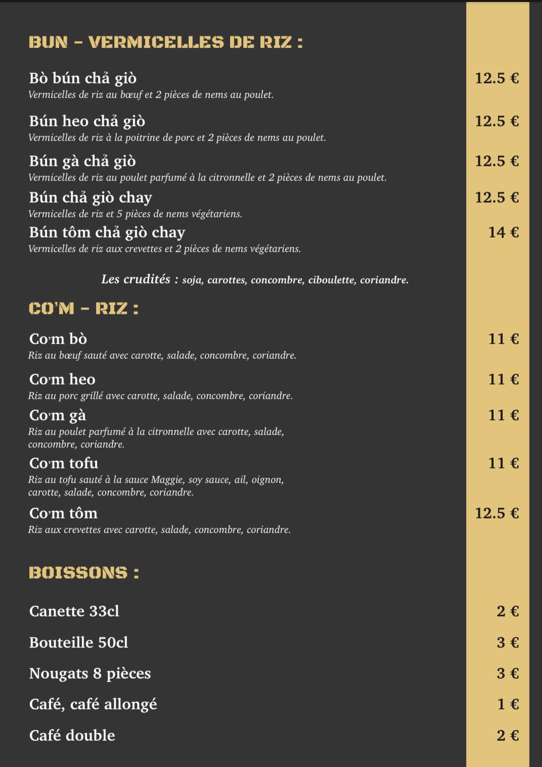 Menu au Street Bida restaurant, Paris
