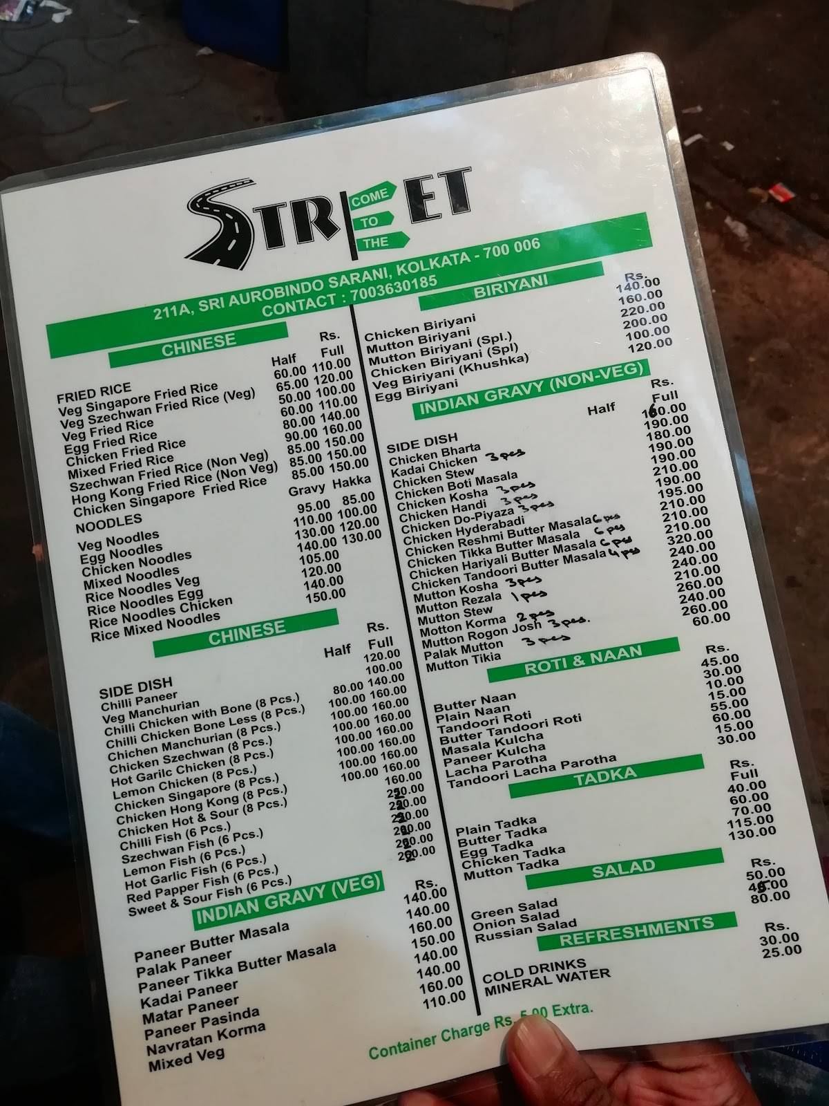 Menu at Street, Kolkata, 211