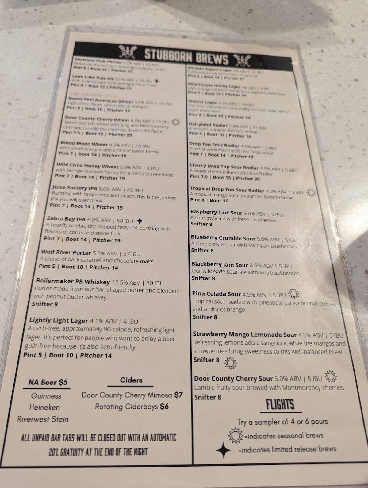 Menu at Stubborn Brothers Brewery pub & bar, Shawano