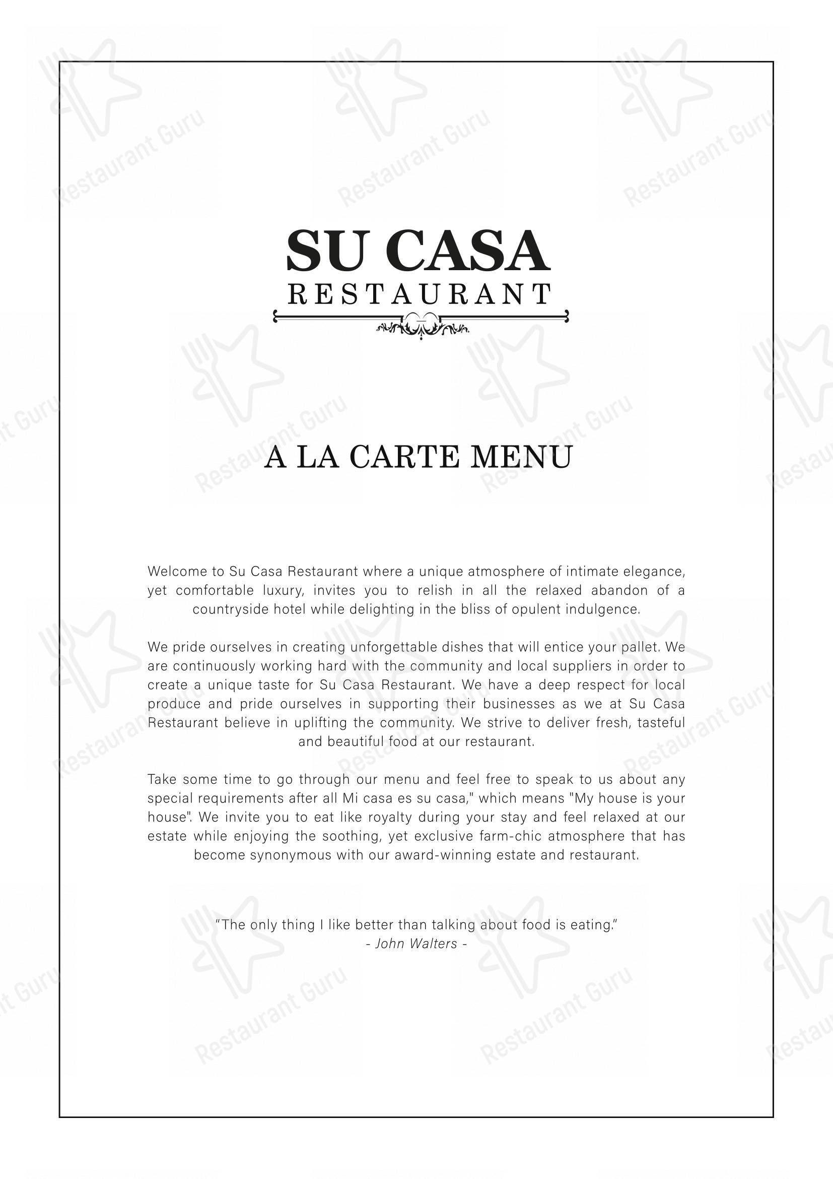 Menu at Su Casa Restaurant, Oudtshoorn