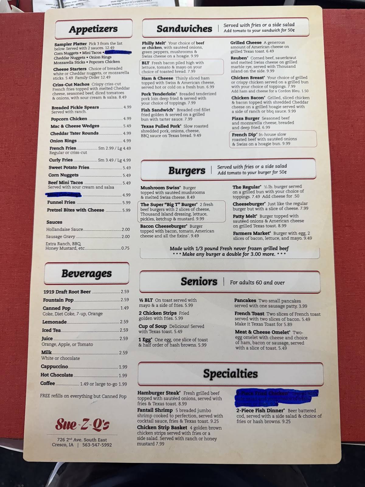 Menu at Sue-Z-Q's Family Dining desserts, Cresco, 726 2nd Ave SE