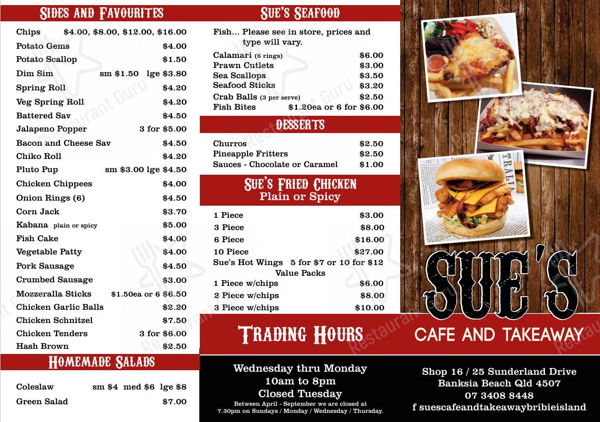 Menu at Sue's Cafe and Takeaway, Banksia Beach