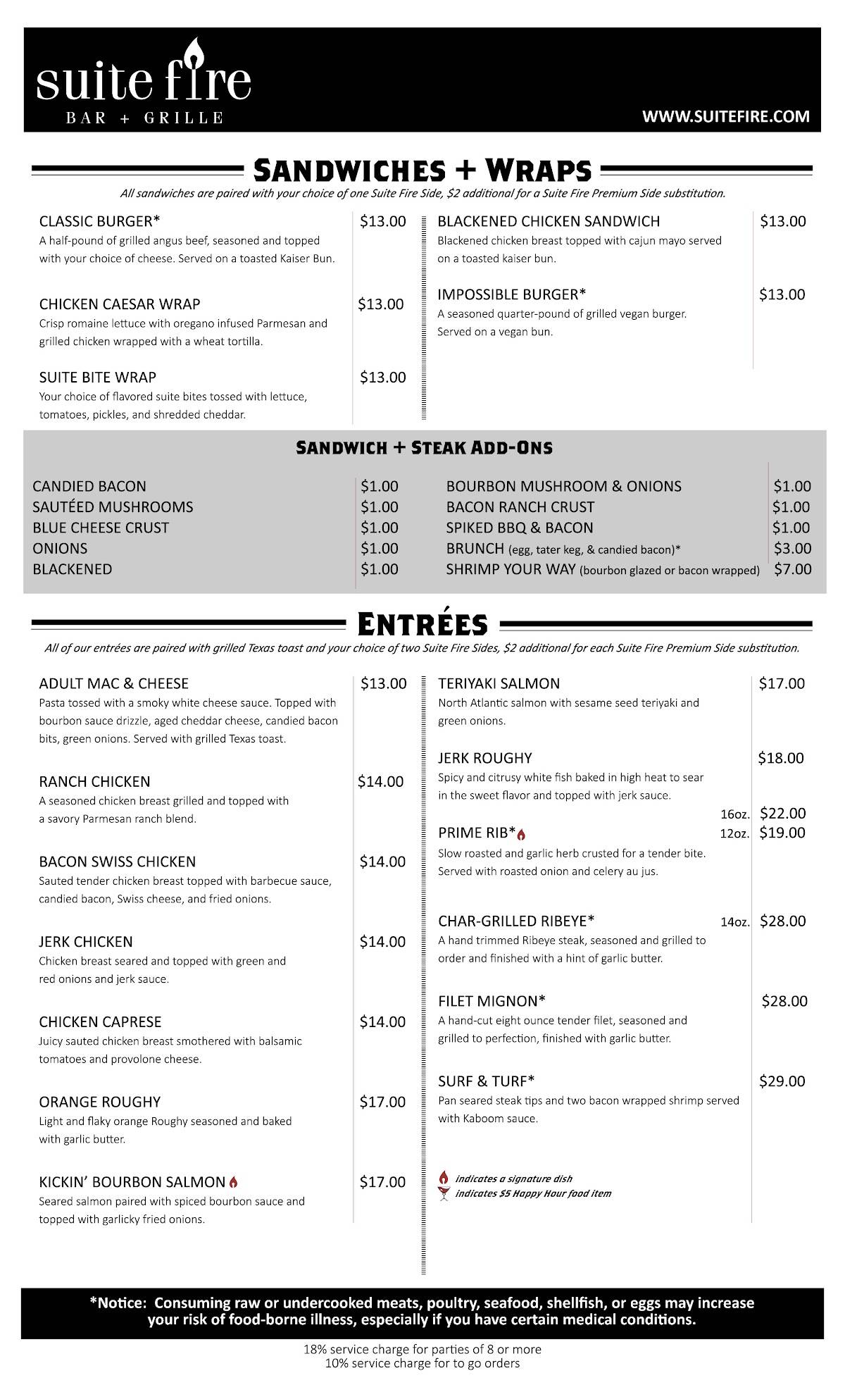 Menu at Suite Fire Bar and Grille, Peoria, N Orange Prairie Rd