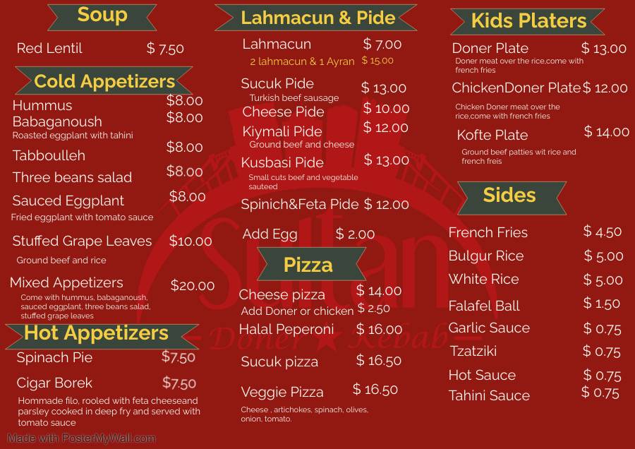 Menu at Sultan Döner Kebab restaurant, Pittsburgh
