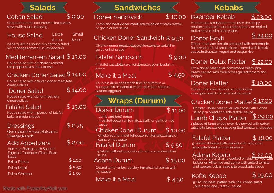 Menu at Sultan Döner Kebab restaurant, Pittsburgh