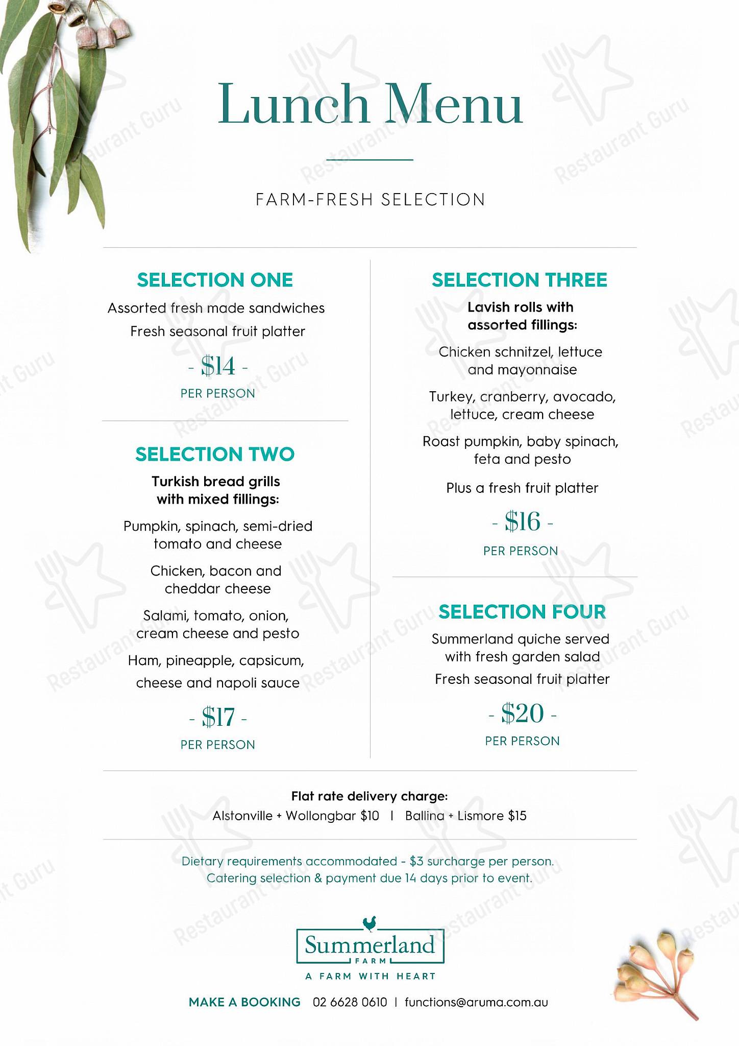 Menu at Summerland Farm restaurant, Alstonville