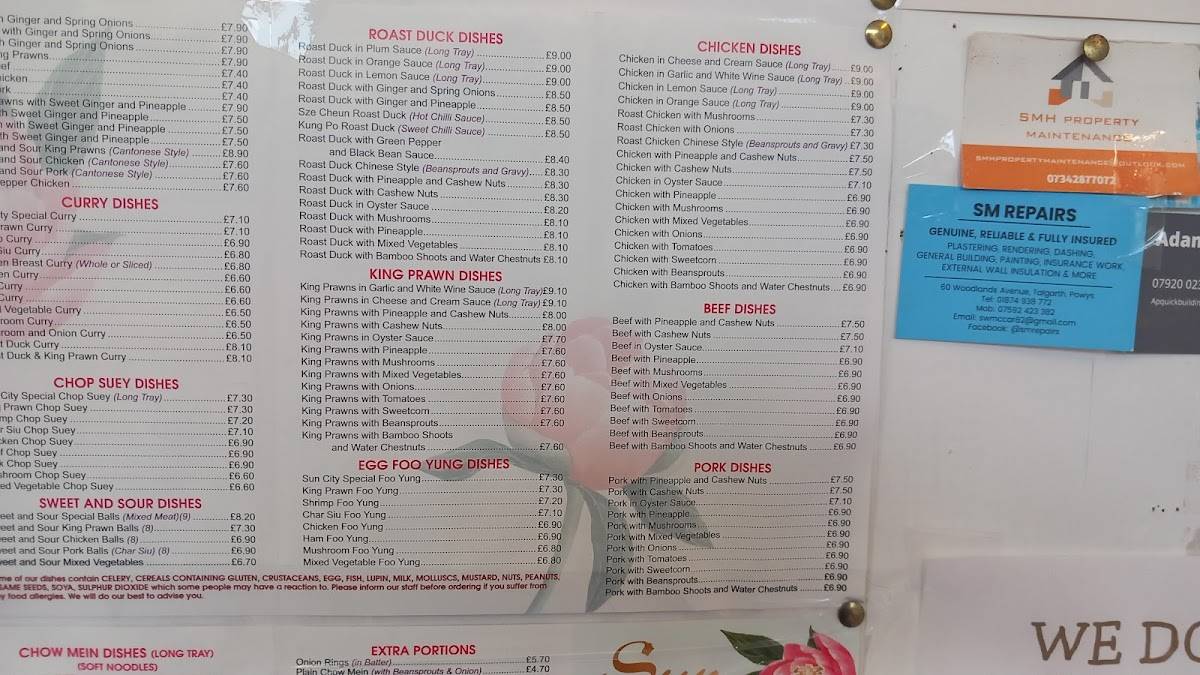 Menu at Sun City restaurant, Talgarth