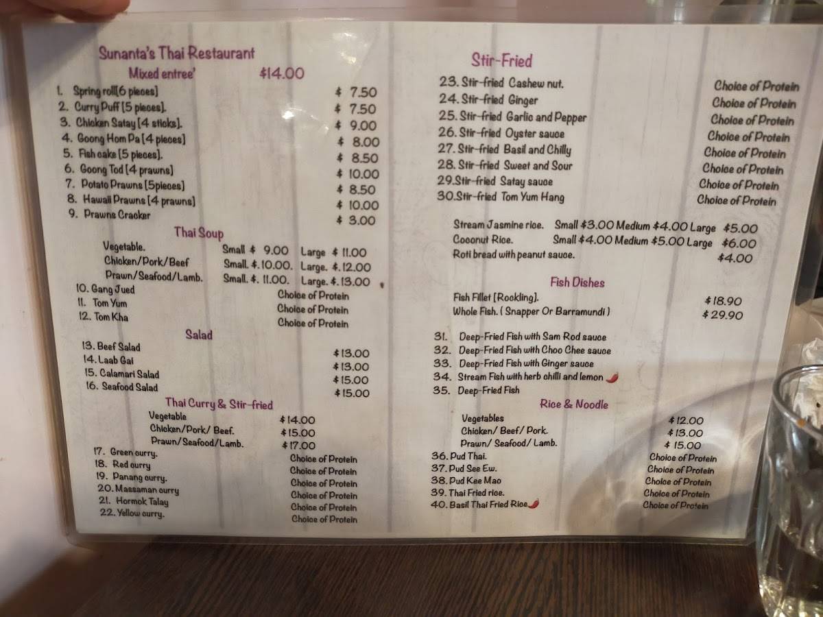 Menu at Sunanta's Thai restaurant, Sunbury