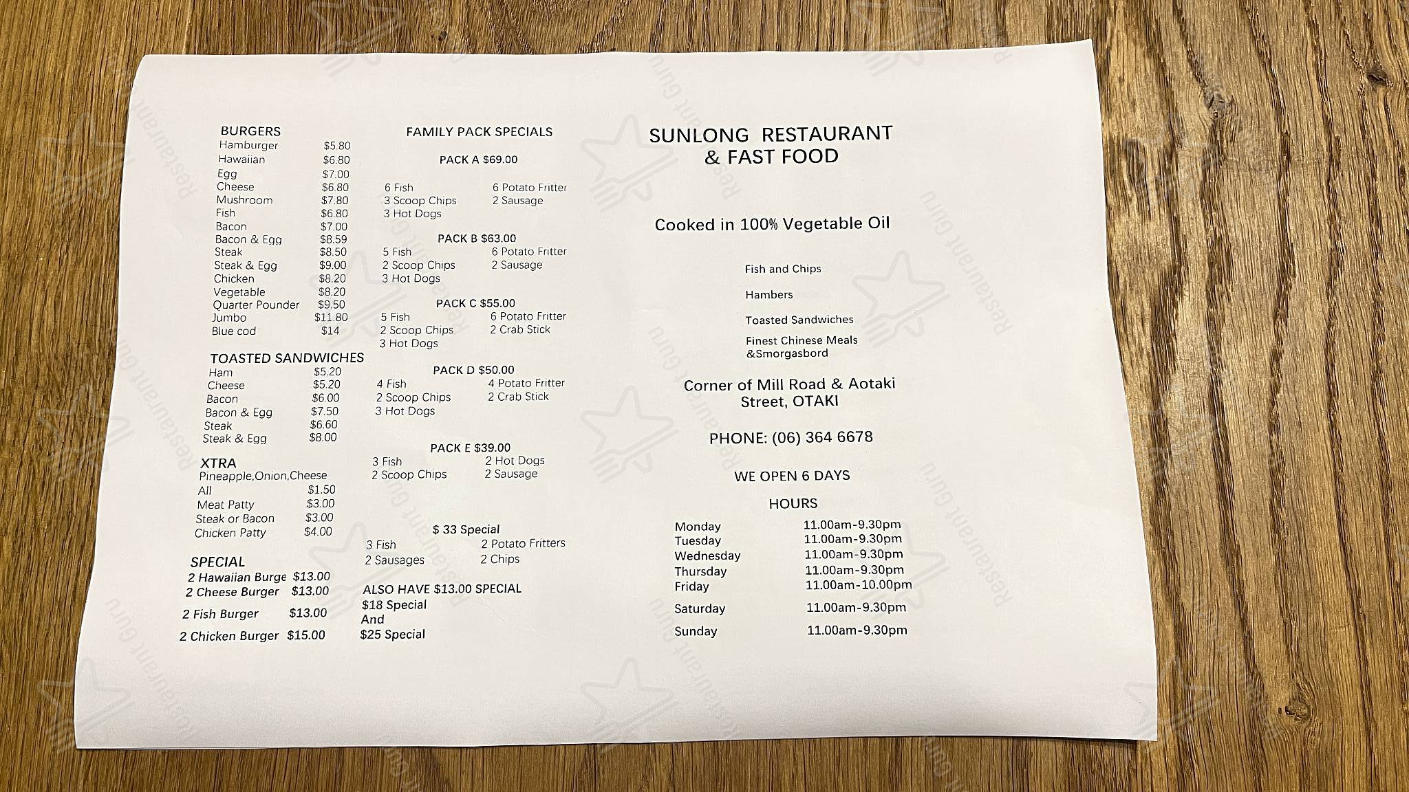 Menu at Sunlong Restaurant & Fast Food, Otaki