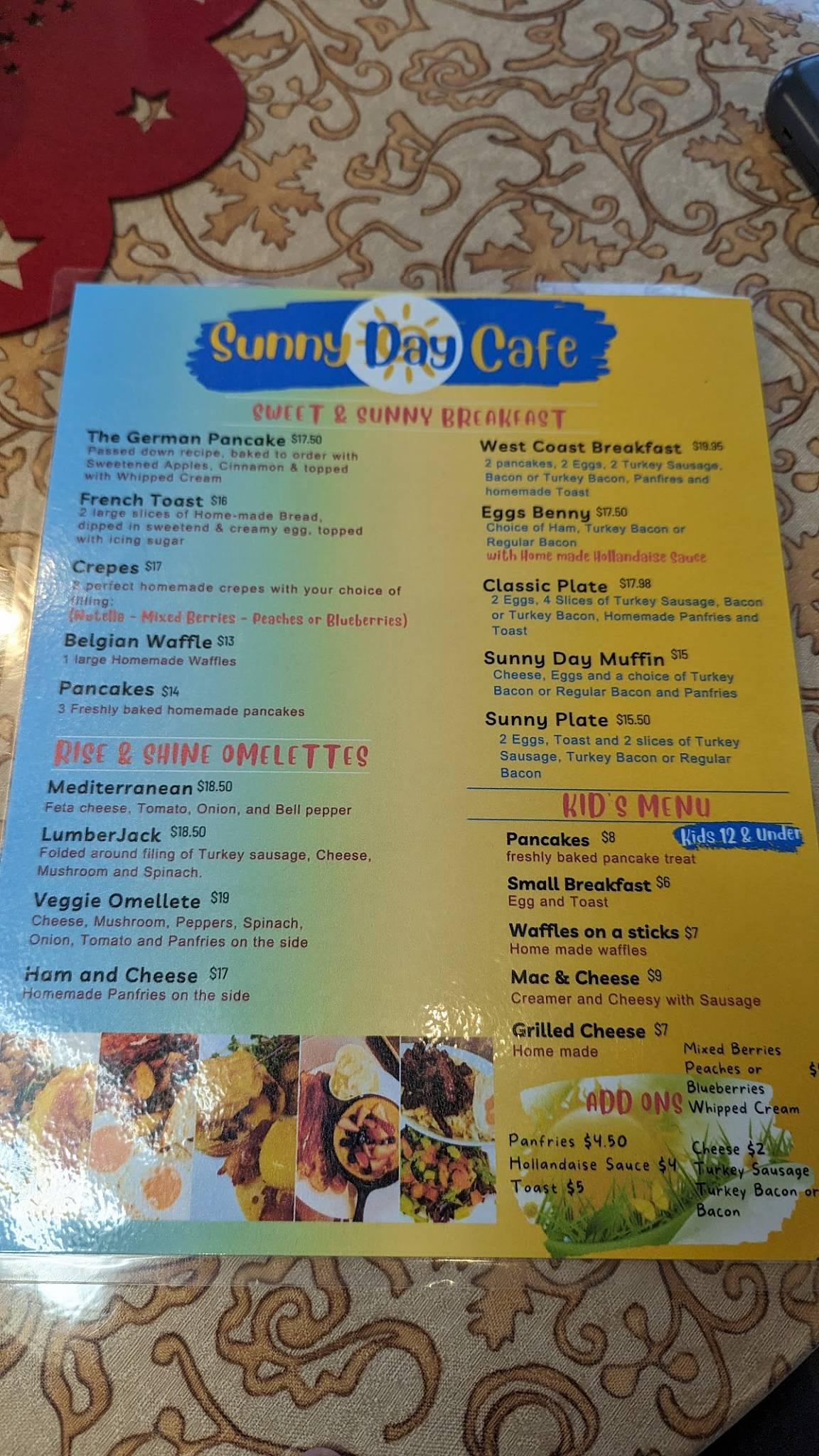 Menu at Sunny Day Café, Campbell River