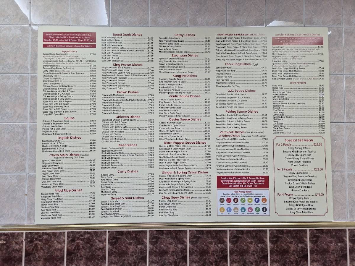 Menu at Sunny House Chinese Takeaway restaurant, Leeds