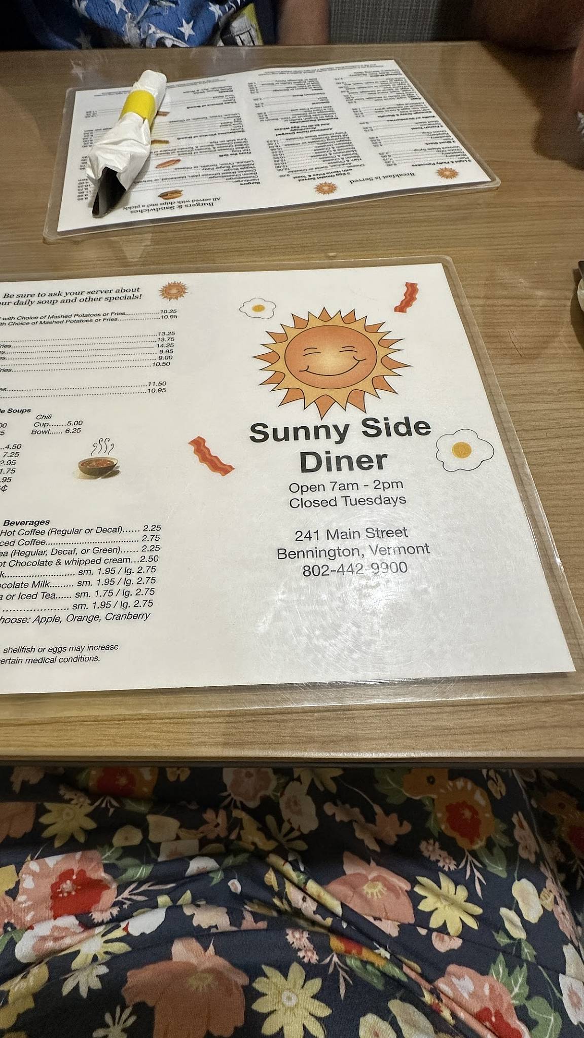 Menu at Sunny Side Diner restaurant, Bennington