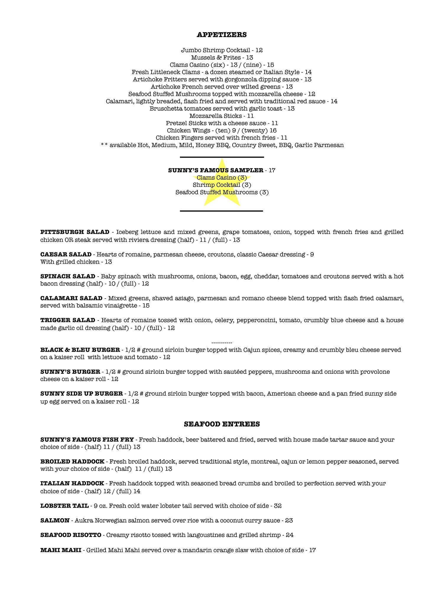 Menu at Sunny's restaurant, Batavia